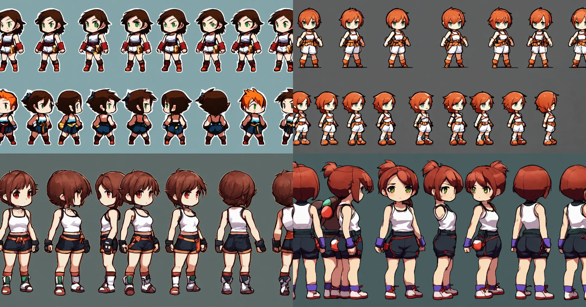 Lexica - Game assets, multiple poses, sprite sheet, girl, short hair, tank top, shorts, full ...