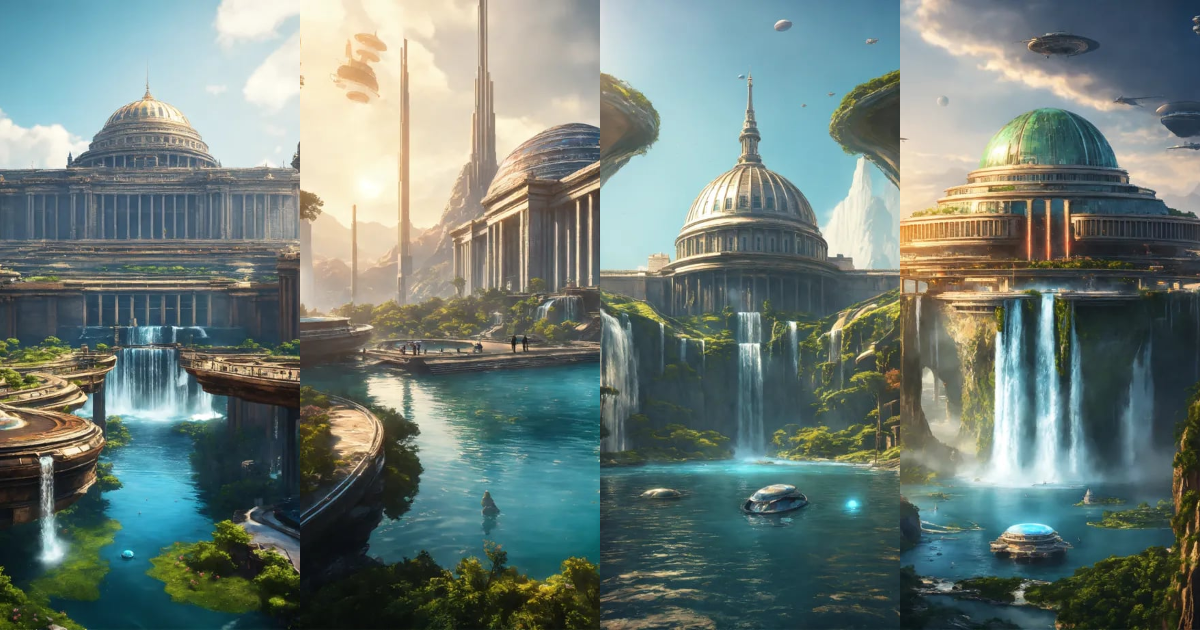 Lexica - Alien water planet, waterfalls, futuristic city landscape ...