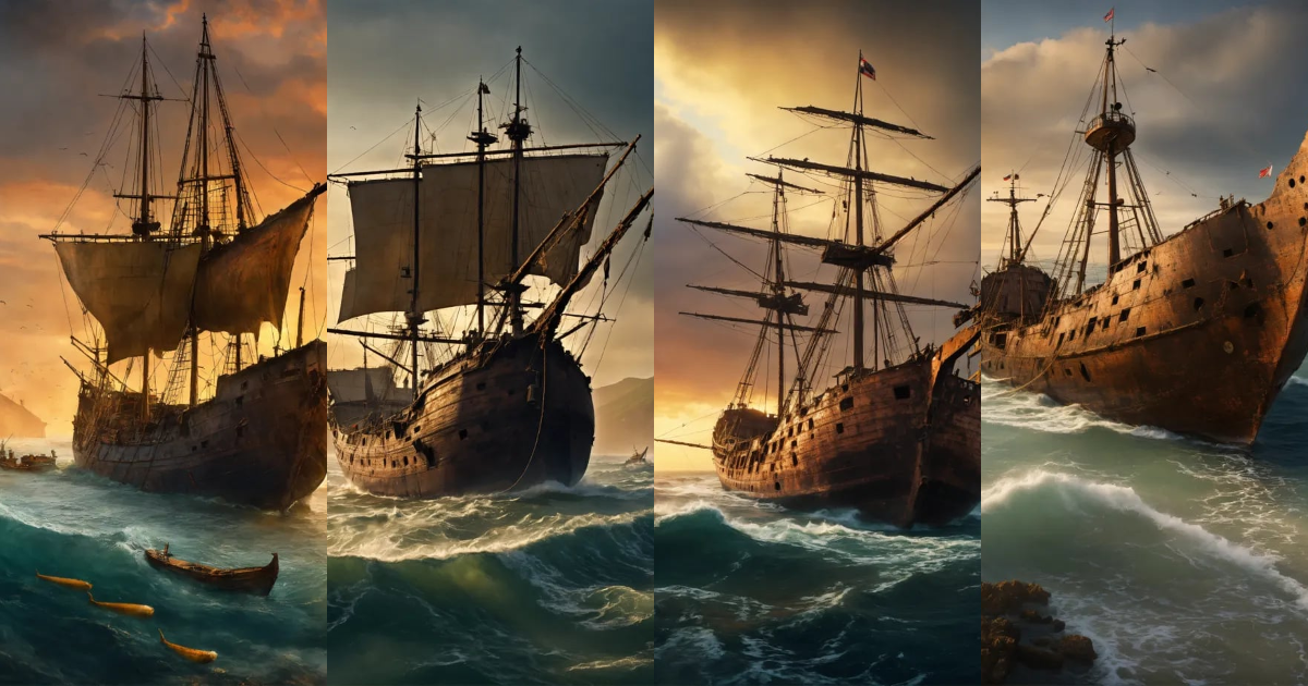 Lexica - Bronze age damaged ship in the ocean. larger ship for the kind ...