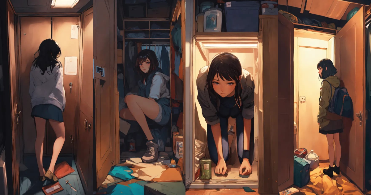 Lexica - Anime woman hiding in a small dark cramped closet, high angle ...