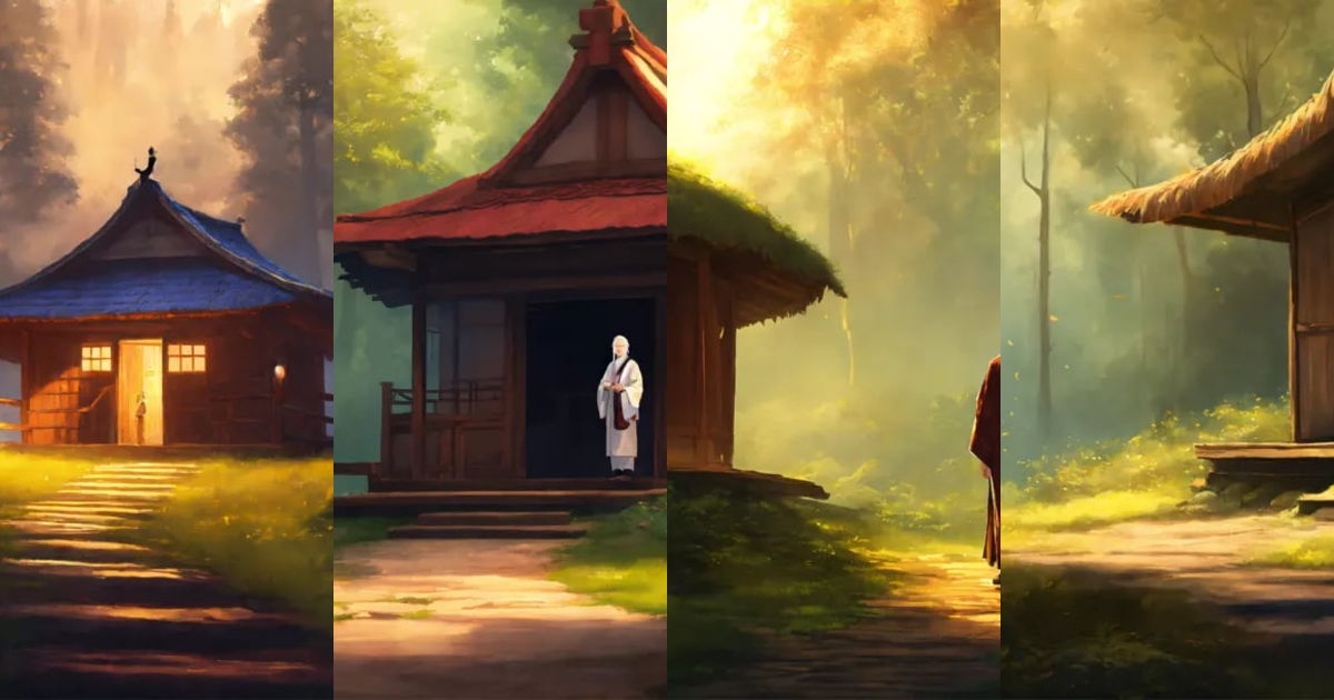 Lexica - An old zen master standing in front of a hut in a forest in ...