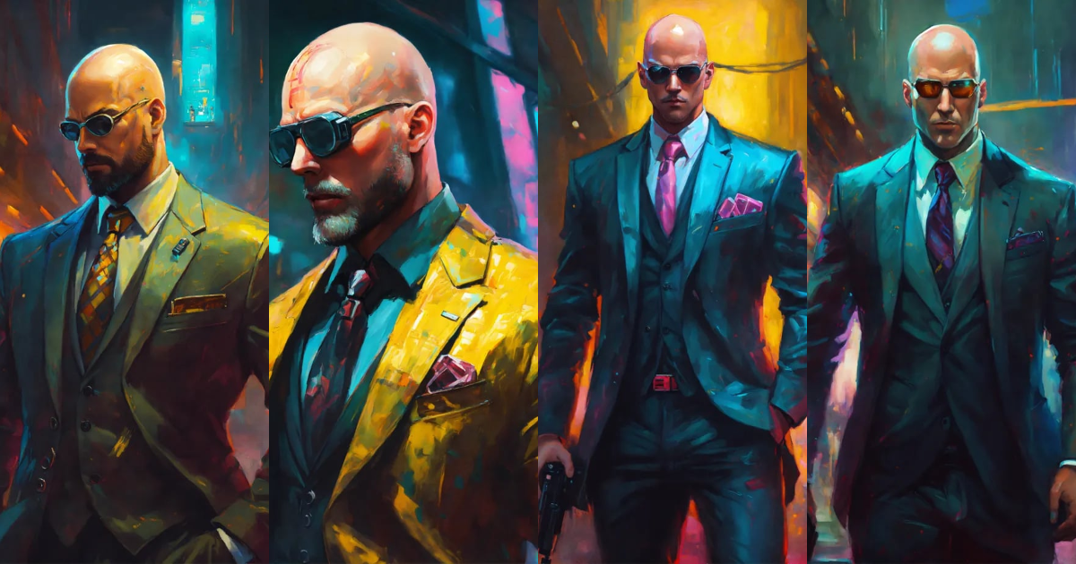 Lexica - Strong bald cyberpunk bounder in a suit, at a rave gritty oil ...