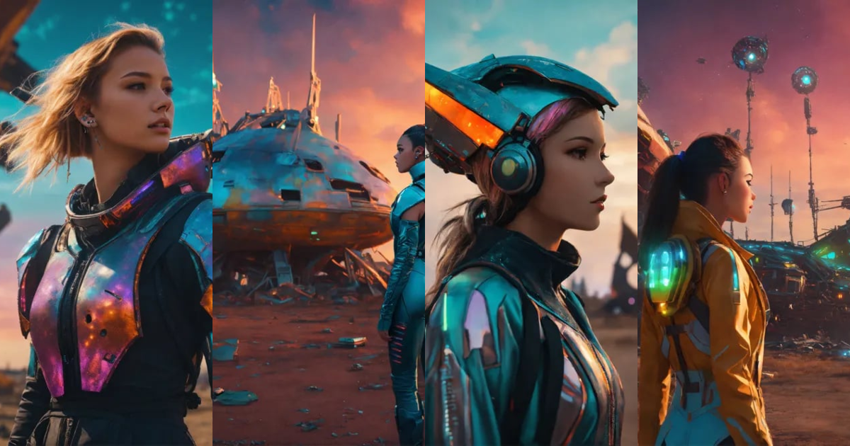 Lexica - Zoom out of a girl standing outside a wrecked starship ...