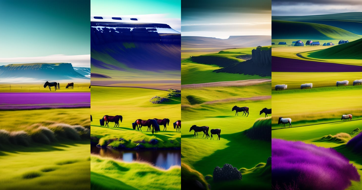 Lexica - Rural Iceland pastoral, green grass, sunny day, horses in the ...