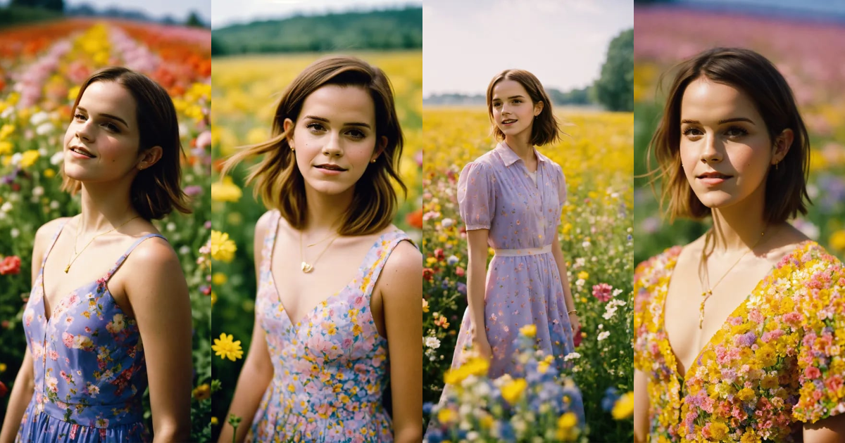 Lexica - Happy Emma Watson standing in a beautiful field of flowers ...