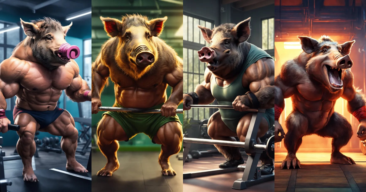 Lexica - Humoristic wild boar doing bodybuilding, amazing high tech ...