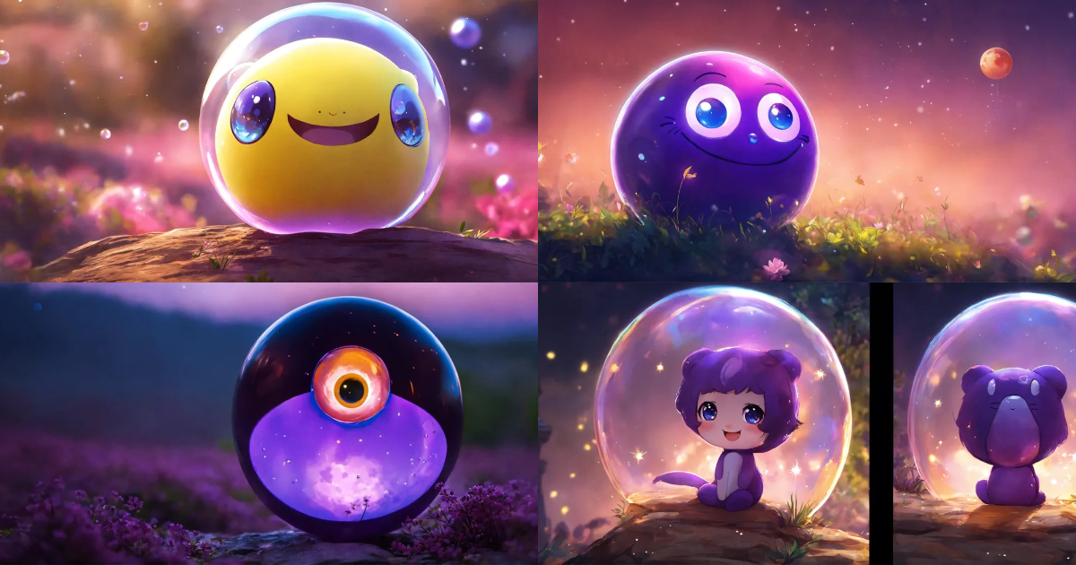 Lexica - Bubble ball, cute, smile, big eyes, purple body, moon on its forehead,