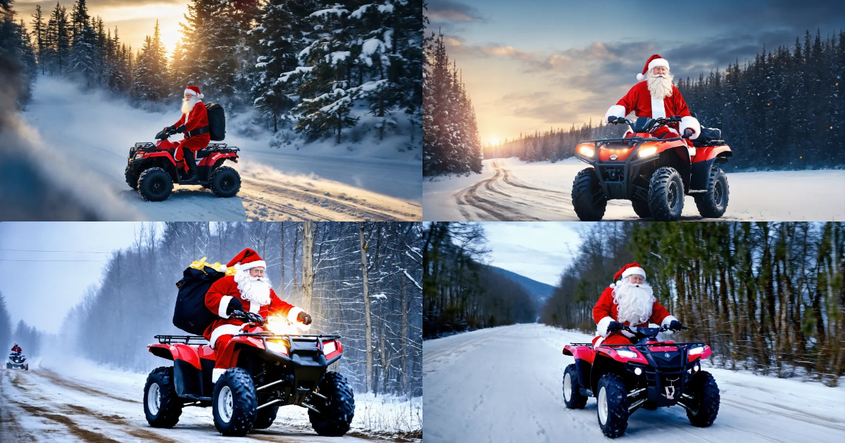 Lexica - Santa Claus with big sack bag rides along a snowy road on an ...