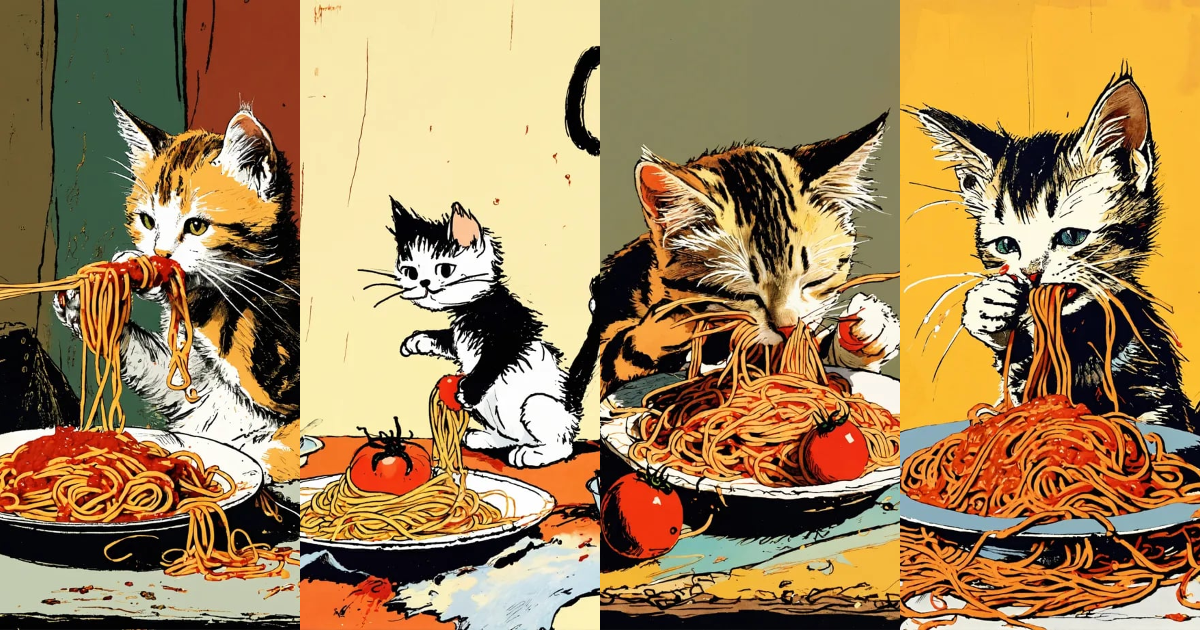 Lexica - A cute cat eating messy spaghetti with tomato sauce ...