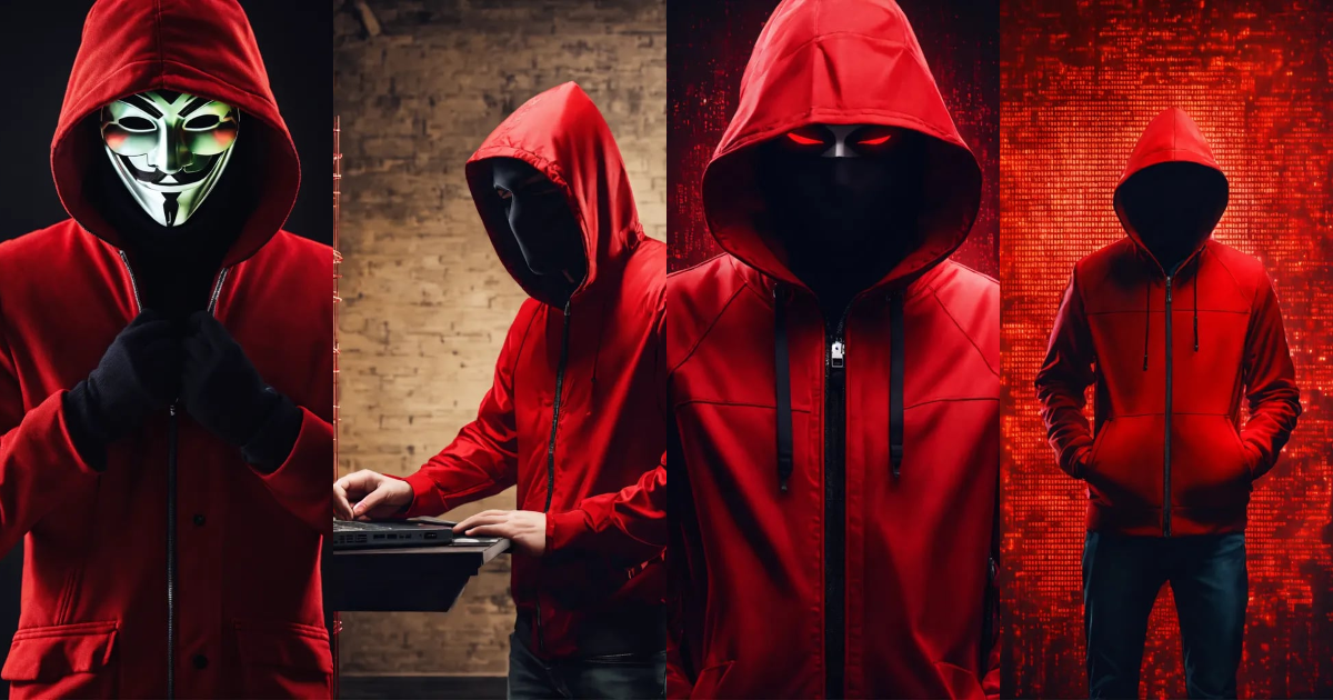 Lexica - Anonymous hacker in red jacket with dark hidden face sending ...