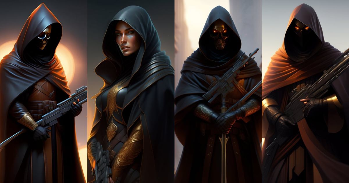 Lexica - Grim Reaper in a hood holding sniper rifles, portrait, highly ...