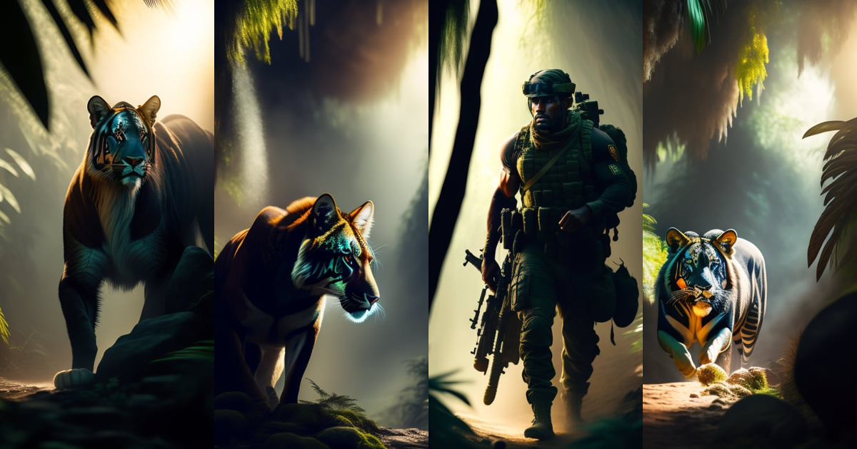Lexica - Action shot of rambo in a jungle, cinematic lighting, brutal ...