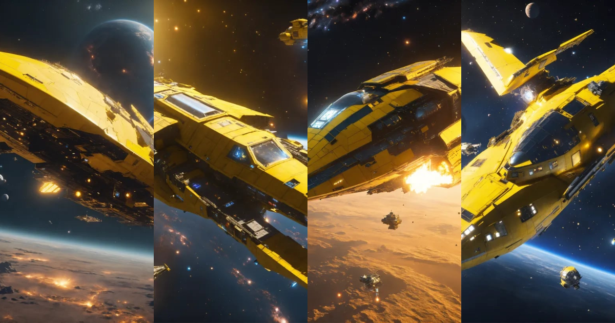 Lexica - Flying yellow beat up star clunker space ship shooting out in ...