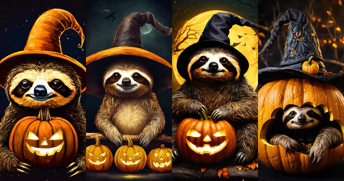 Lexica - Spooky sloth with orange eyes wearing a witches hat, carved ...