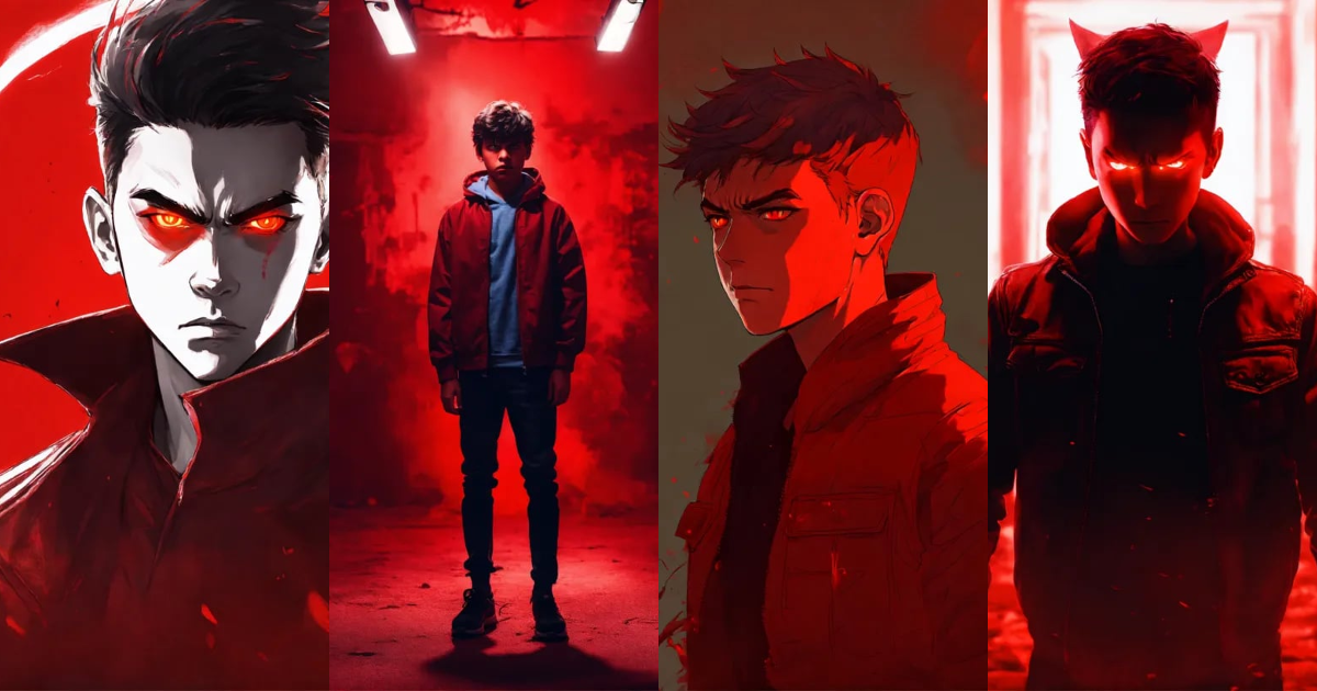 Lexica - Create a red background, with an boy whit glowing eyes, badass ...