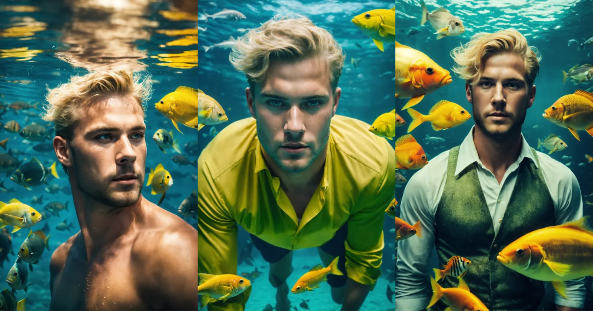 Lexica - Handsome Blond aqua man , under ocean water , surrounded by ...