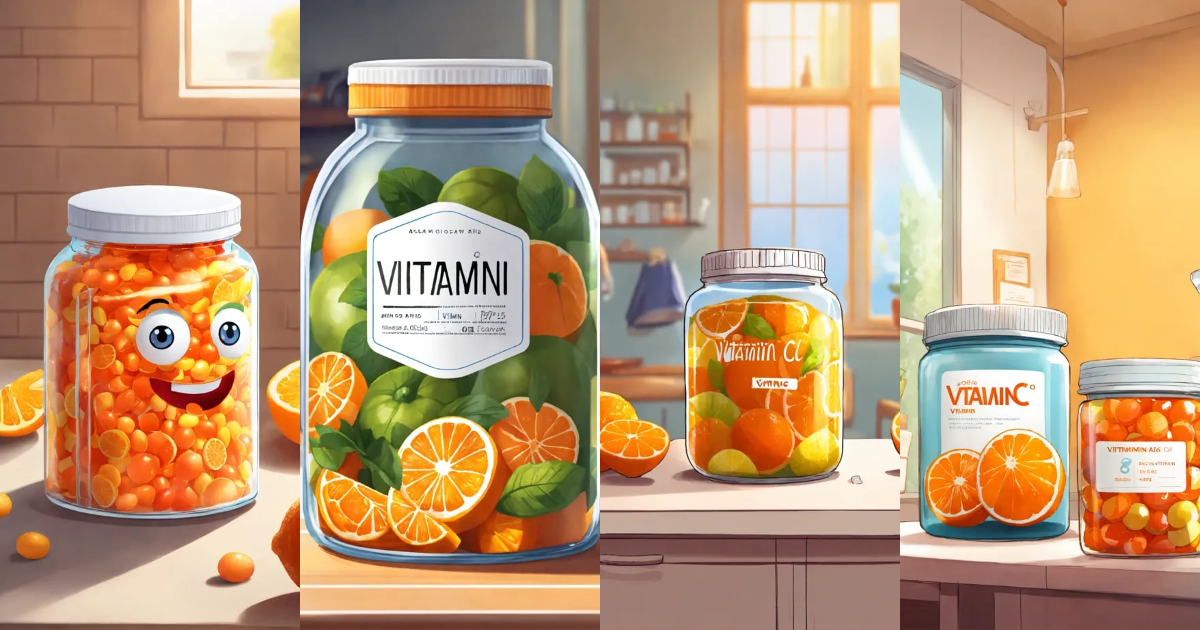 Lexica - A cartoon jar of vitamin C stands on a table with a white lid ...