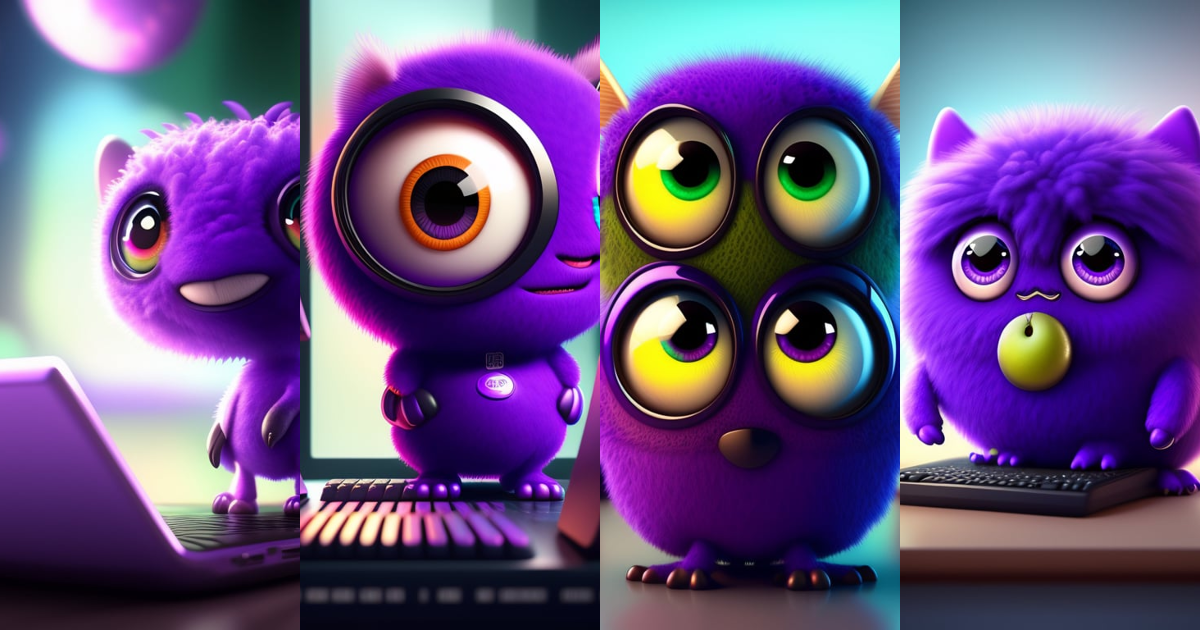 Lexica - One cute purple monster with big eyes debugging on a computer