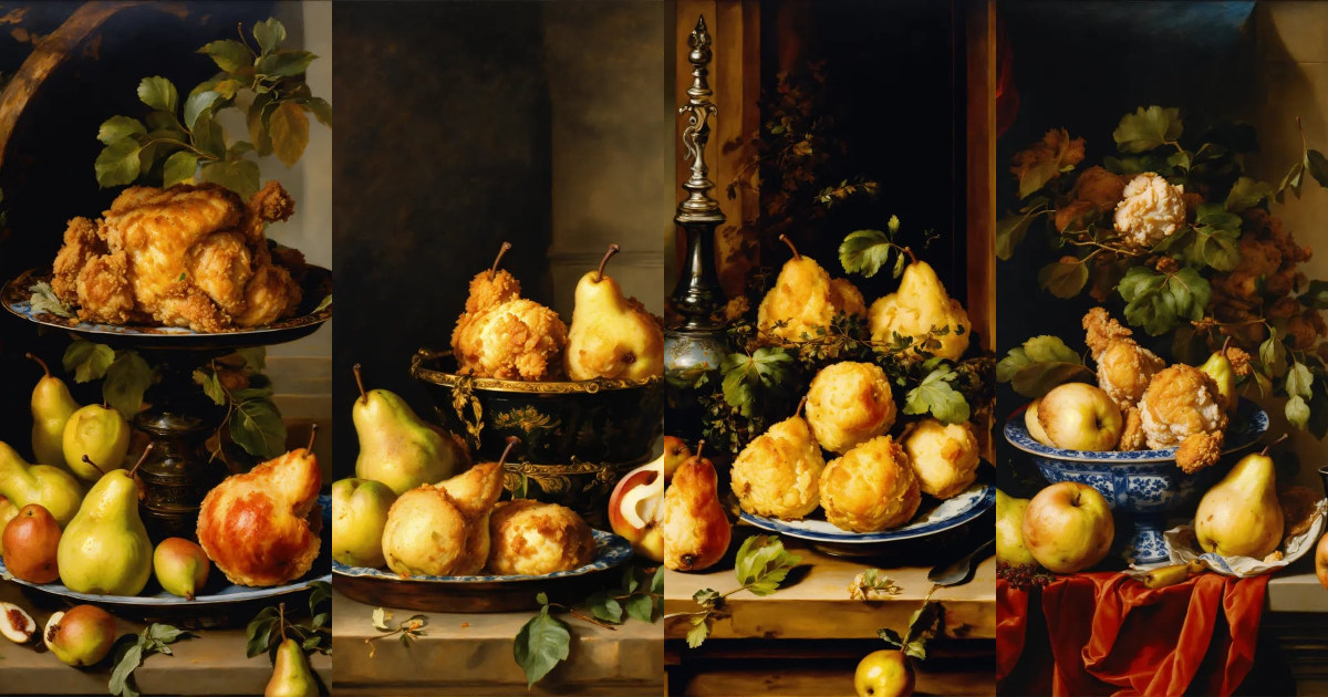 Lexica - Still life with fried chicken and pears by Peter Paul Rubens