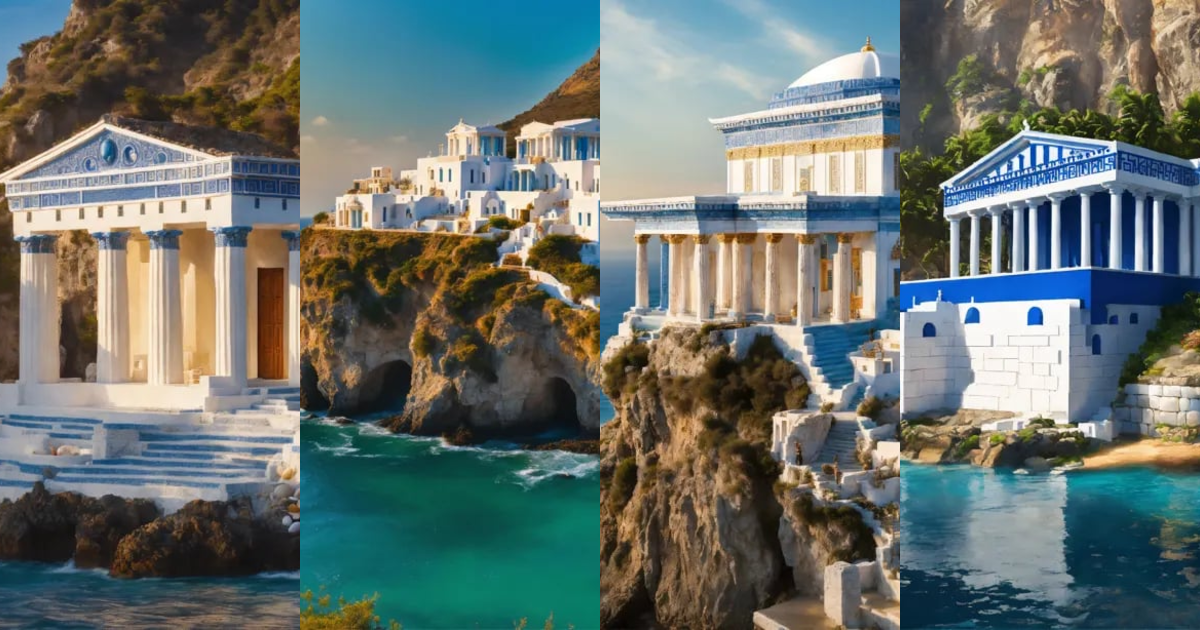 Lexica - A blue and white temple on a seaside cliff, dedicated to a sea ...