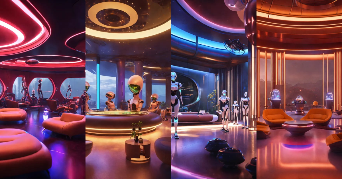 Lexica - Lounge with band of alien robots playing hypnotize a crowd in ...