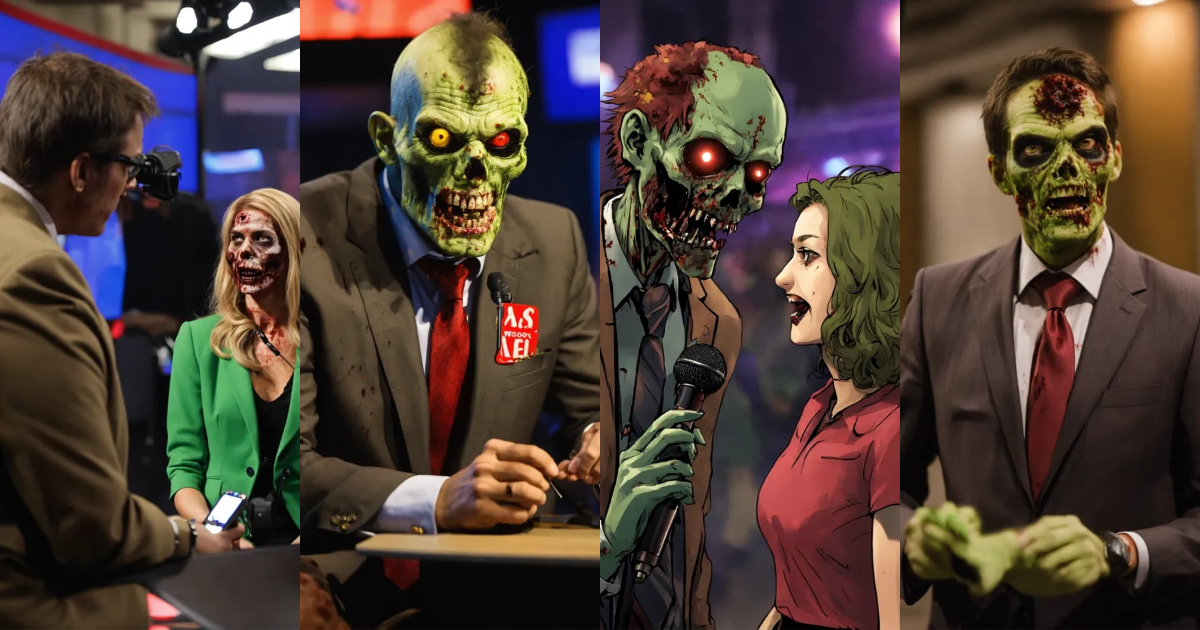 Lexica - ChatGPT being interviewed, by a zombie news anchor.