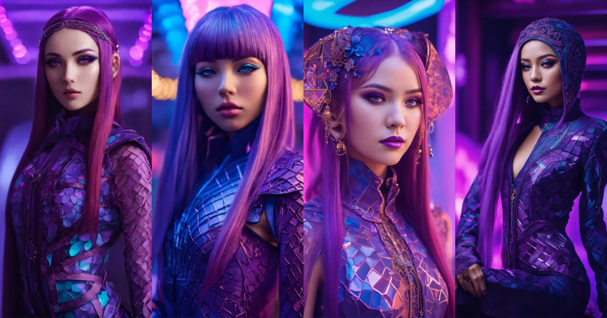 Lexica - A beautiful long violet hair female artist all violet sleek ...