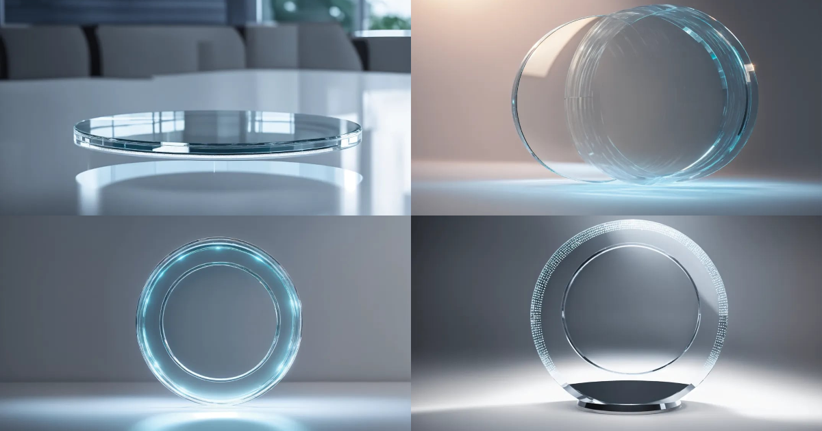 Lexica - Ultra thin glass circle, seen from a side angle with a rotated ...