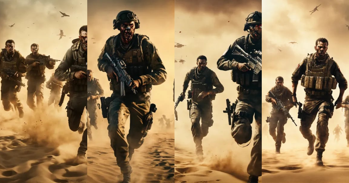 Lexica - Call of duty zombies running at camera on sand, cinematic 4k