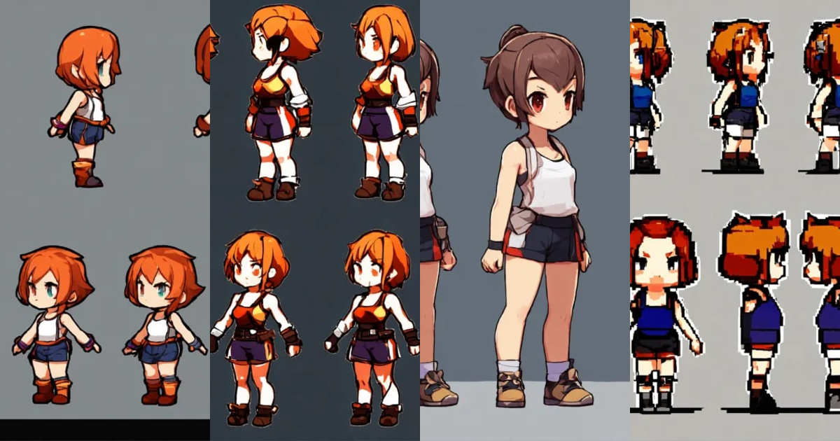 Lexica - Game assets, multiple poses, sprite sheet, girl, short hair ...