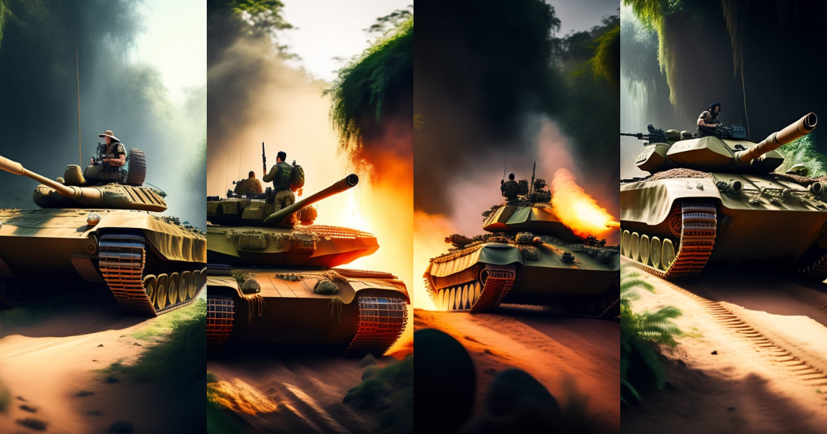 Lexica - Action shot of john rambo on a tank in a jungle, cinematic ...
