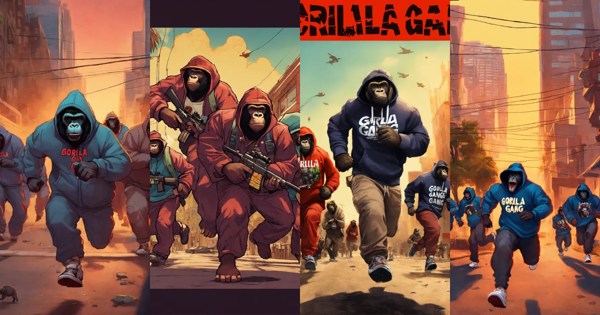 Lexica - Gangster gorillas running from gunfire, wearing SnapBacks and ...