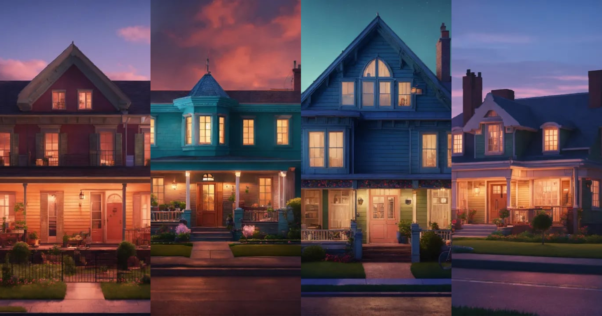Lexica - CGI. 3D Pixar house exterior. 1980's. nighttime sky. Wes ...