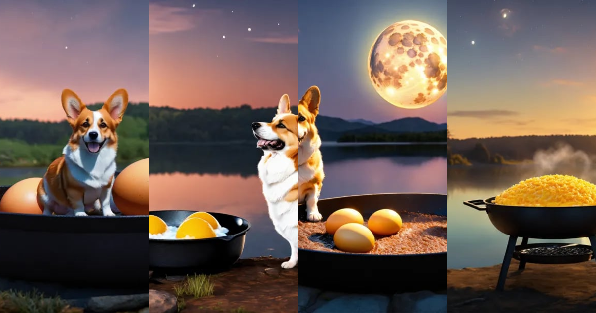 Lexica - 3D image of 2 corgi dogs frying a giant egg in a giant cast ...