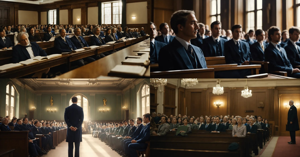 Lexica - High nobles in endless dresses and suits sit in a lecture hall ...
