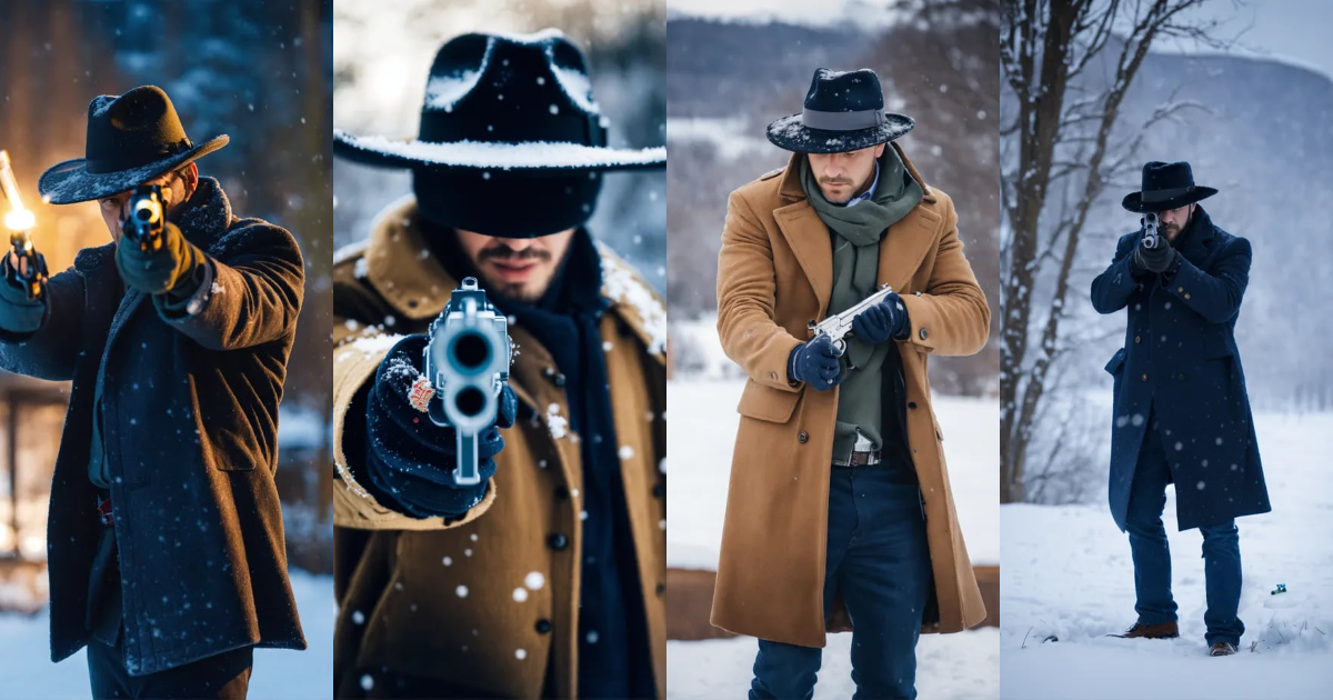 Lexica - Class man with a hat hiding his face, shooting with a revolver ...