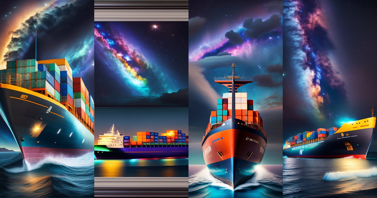 Lexica - Container ship, by night, with a spiral galaxy in the sky, Van ...