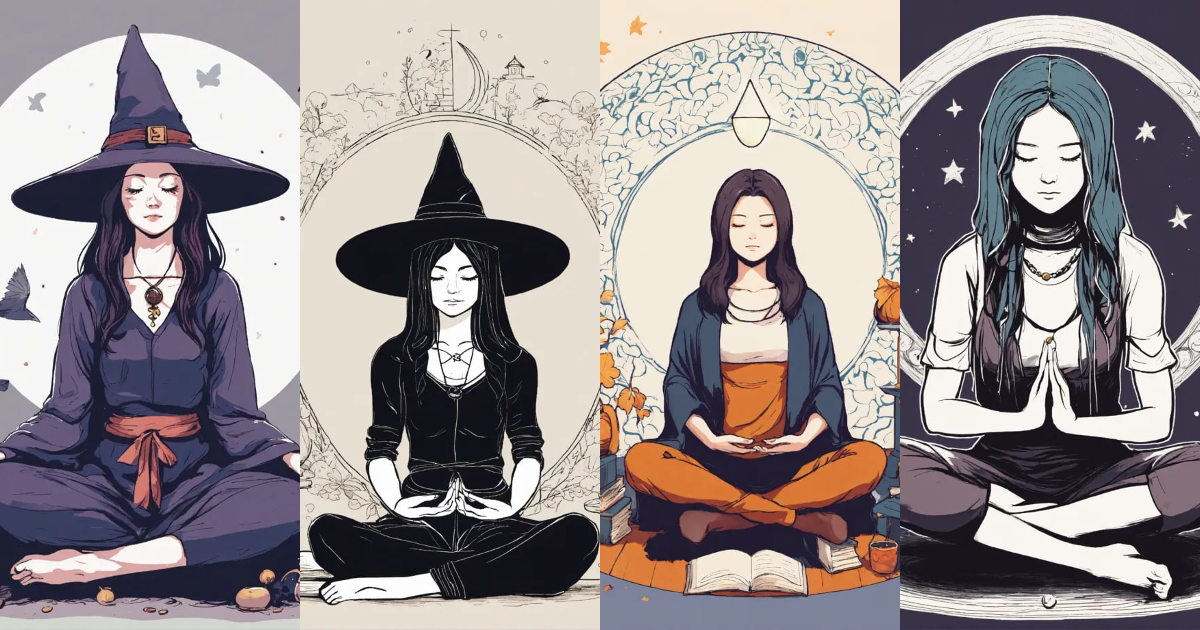 Lexica - Illustration of a witch student Meditating, plain white background