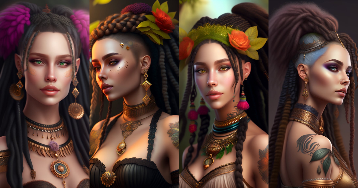Lexica - Fairy woman with dreadlocks, pale skin, tattoos and a dark hippie-style, forehead mole ...