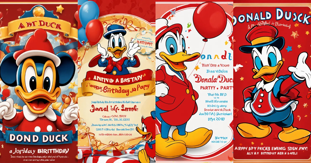 Lexica - A joyful red-themed Donald Duck birthday party invitation card.