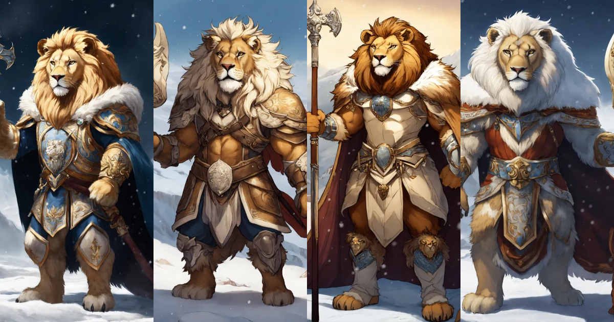 Lexica - Anthropomorphic, buff lion with white fur, wearing a heavy ...