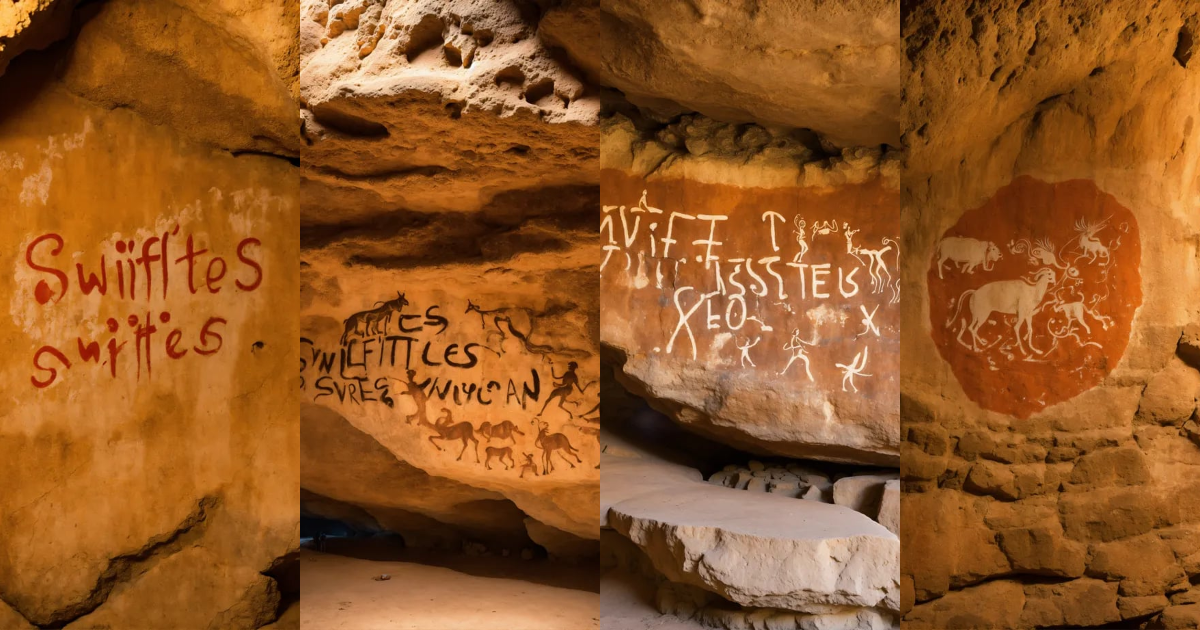 Lexica - Cave painting That has the words "swifties" on rock wall in cave.