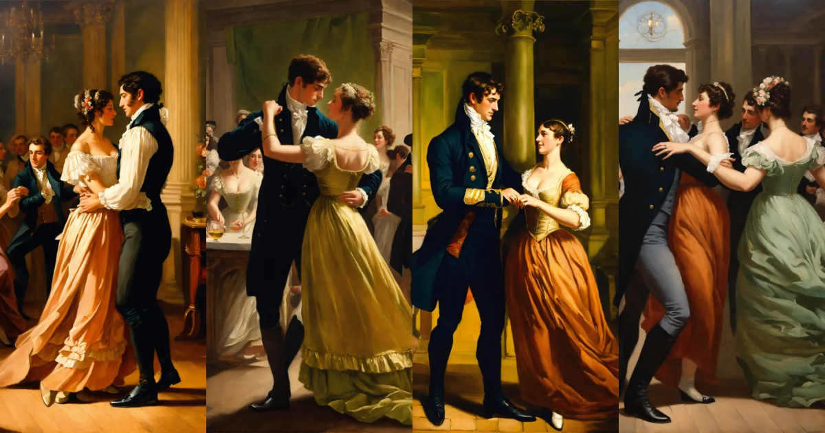 Lexica - Regency england, multiple couples dancing, oil painting