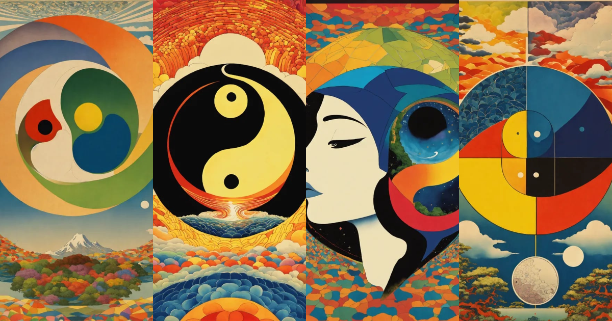 Lexica - Japanese vintage poster, ying yang head merging into another ...
