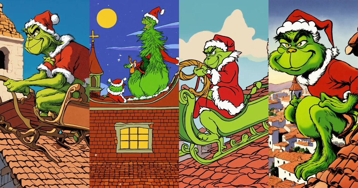 Lexica - The grinch riding his sleigh down roof tiles of a spanish ...