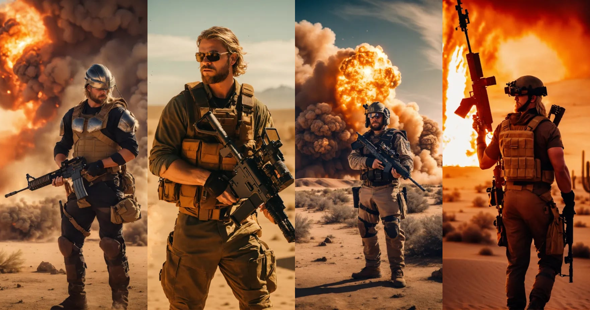 Lexica - A THOR solder with an AR-15 in the desert, explosion behind ...