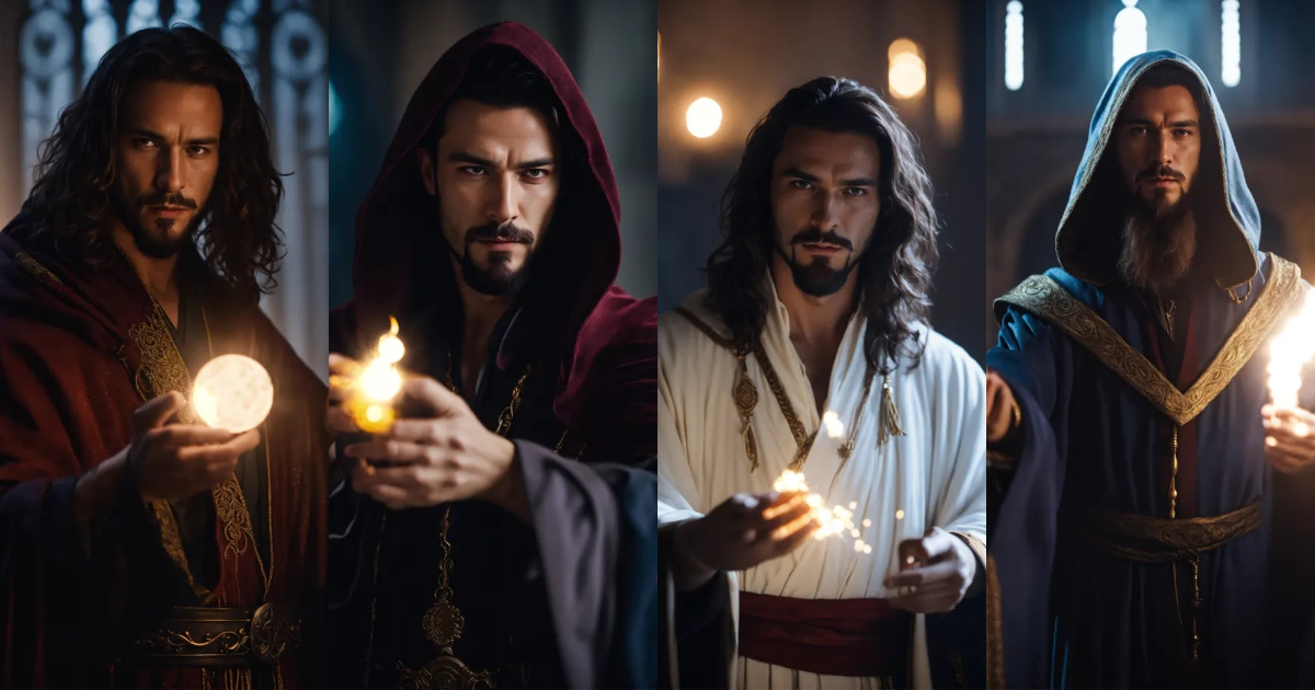 Lexica - Dark medium hair, french goatee, wizard robes, snapping ...