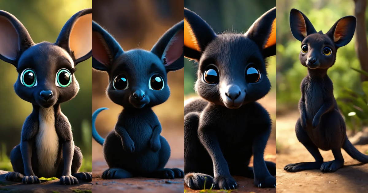 Lexica - A cute all black baby kangaroo with big eyes, animated ...