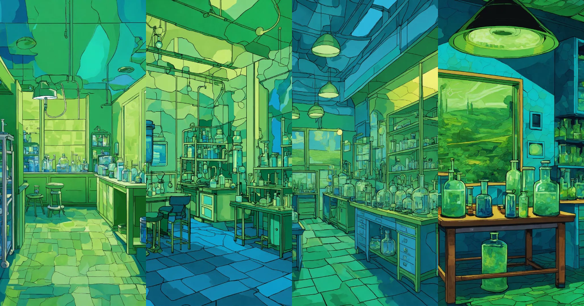 Lexica - Van gogh style illustration of a science lab, vibrant green and blue tones