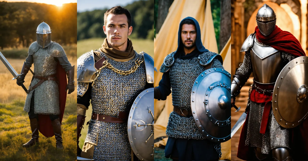 Lexica - Photo, real, male, chainmail, shield, mace,